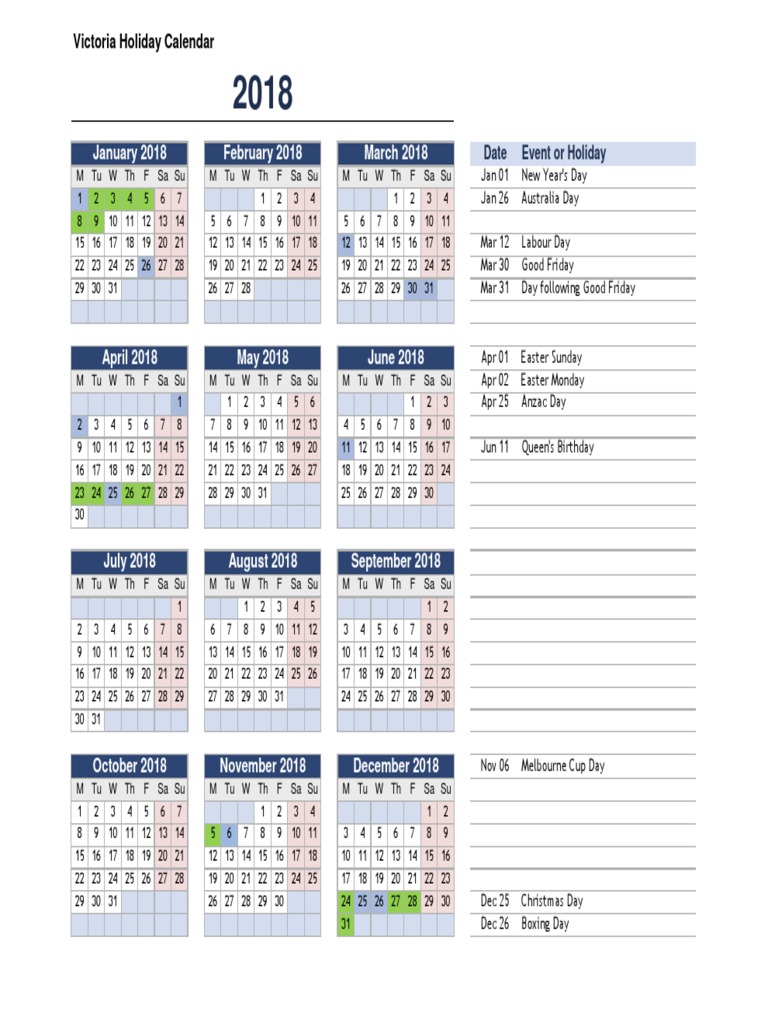 2018 Victoria Holiday Calendar | PDF | Easter | Christian Festivals And ...