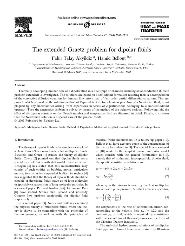 Extended Graetz Problem For Dipolar Fluids | PDF | Fluid Dynamics ...