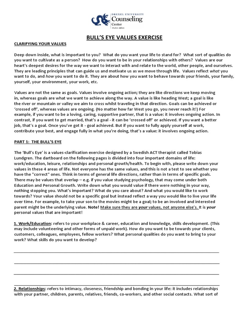 Bull's Eye Values Clarification Exercise | PDF | Goal | Personal ...