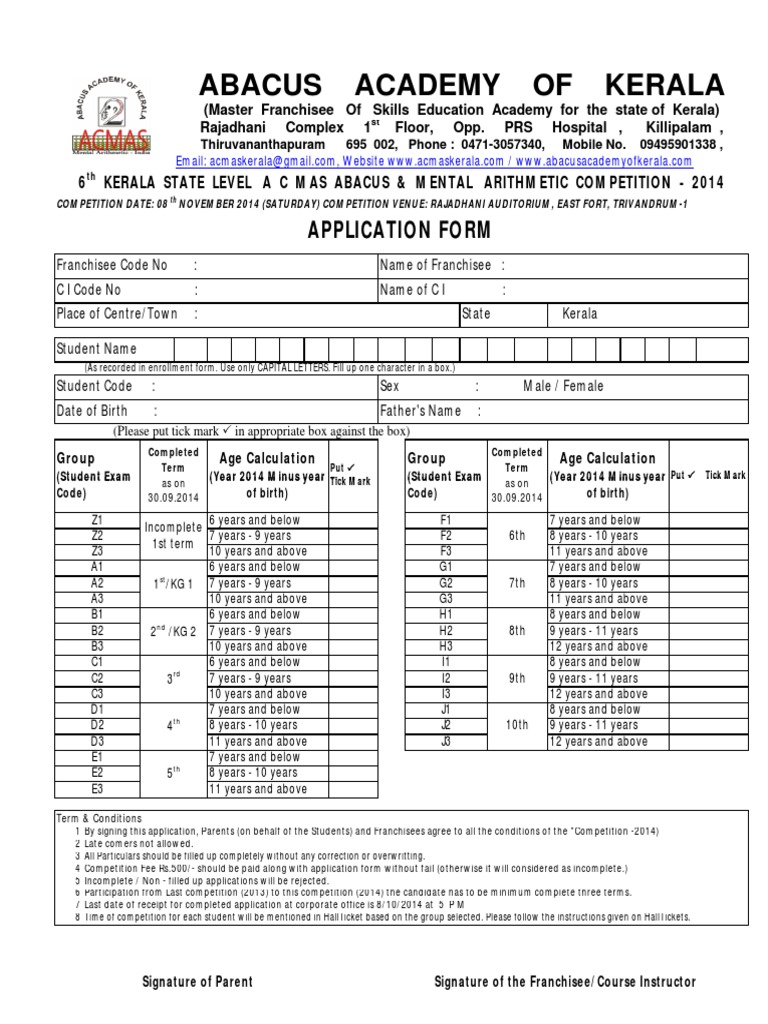 Abacus Academy of Kerala: Application Form | PDF | Teaching Mathematics