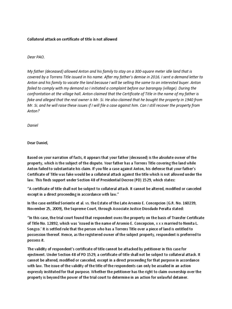 Collateral Attack On Certificate of Title Is Not Allowed | PDF ...