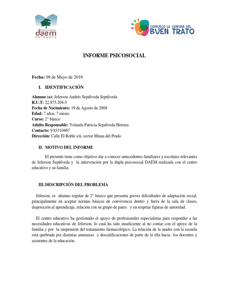Informe Psicosocial Jeferson | Desorden hiperactivo y deficit de atencion | Escala de ...