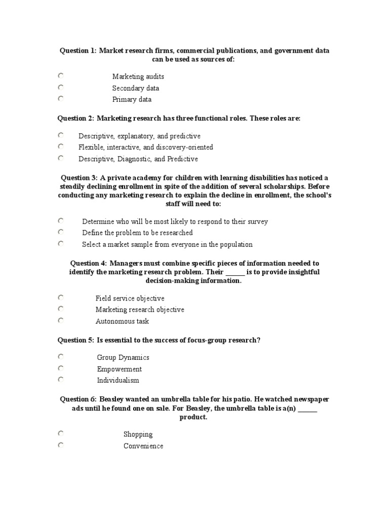 Marketing Quiz | PDF | Marketing Research | Marketing