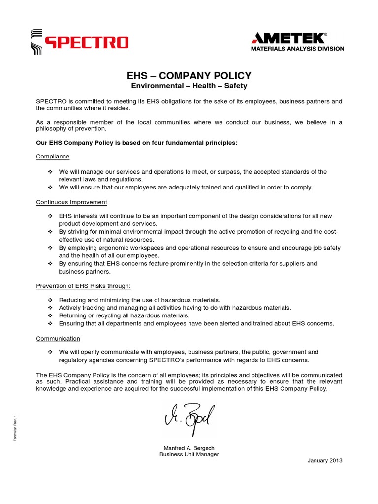 Ehs - Company Policy: Environmental - Health - Safety | PDF ...