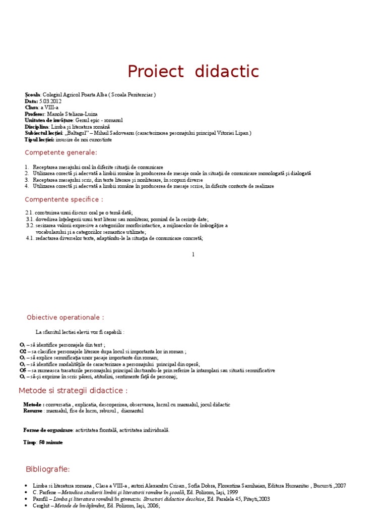 Proiect Didactic Baltagul | PDF