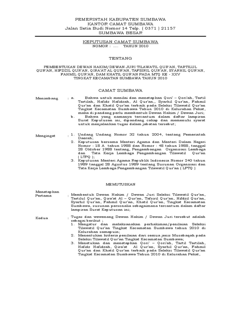 Contoh SK Camat Pada MTQ | PDF