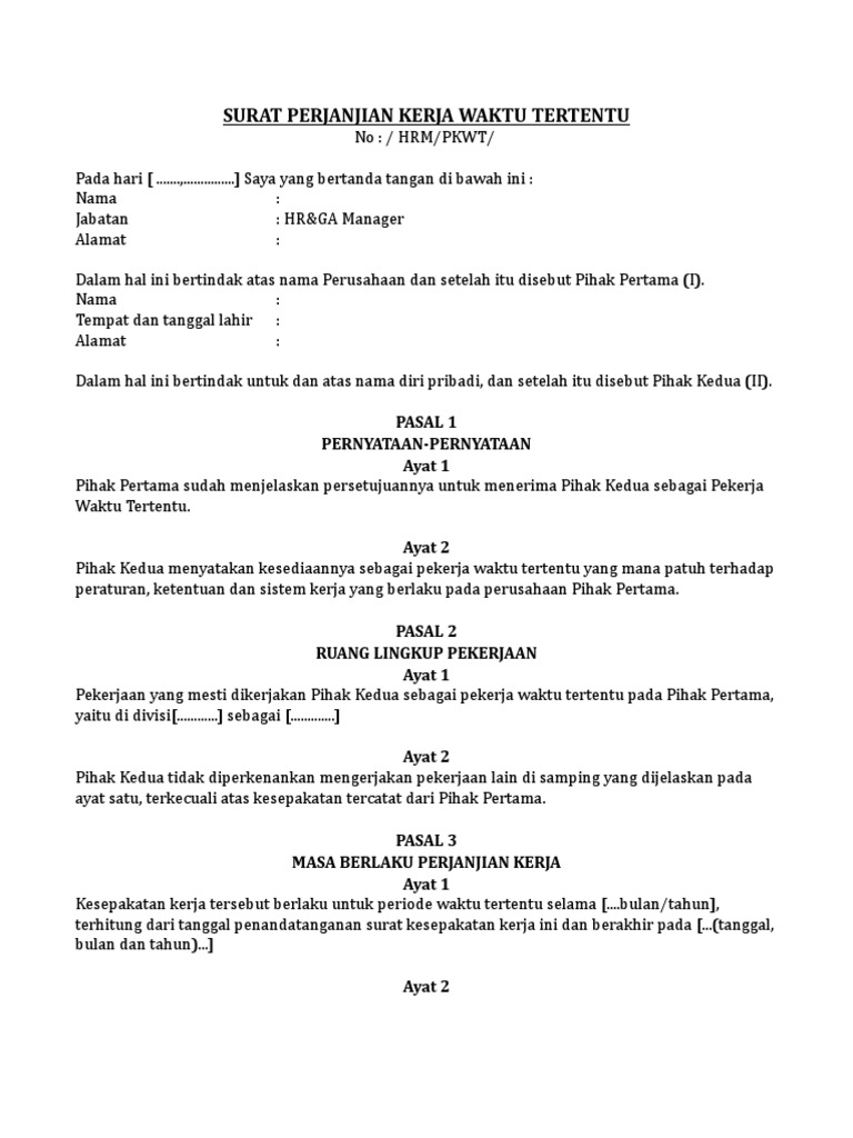 Form Surat Perjanjian Kerja Waktu Tertentu | PDF