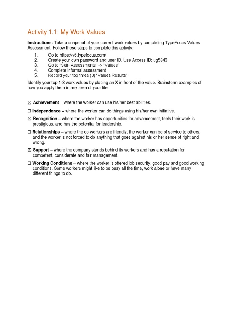 Discovering Your Work Values Assessment | PDF