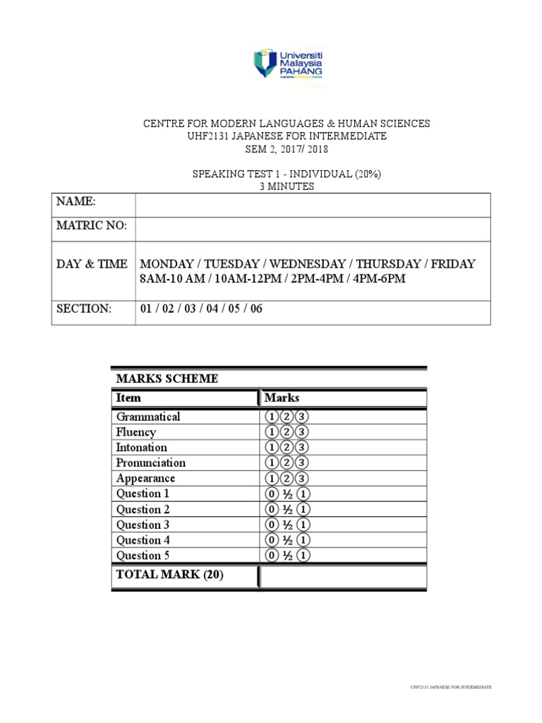 SPEAKING Test 1 (Individual) - New | PDF