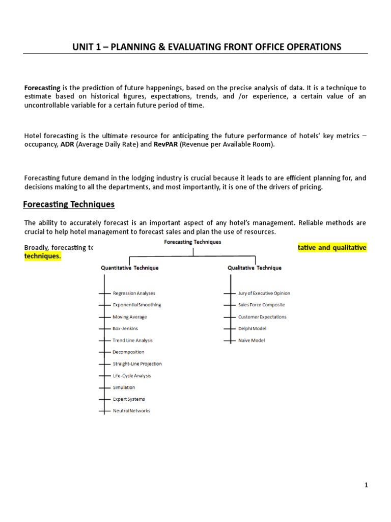 Unit 1 - Planning & Evaluating Front Office Operations: Forecasting Techniques | PDF ...