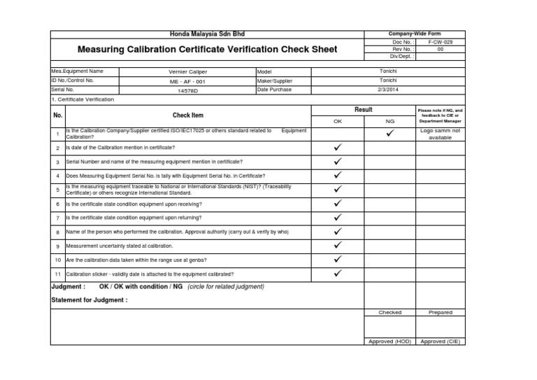 Certificate Verification Check Sheet (HMSB) | PDF | Calibration | Business