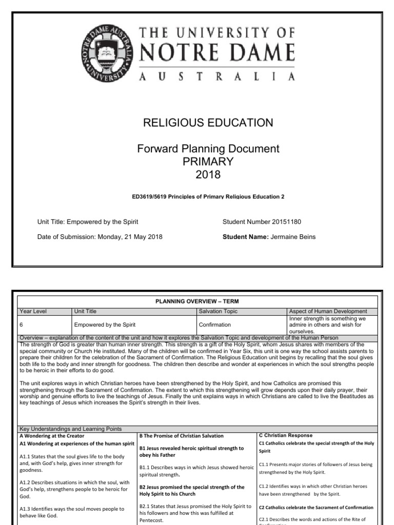 2018 Forward Planning Document Primary 2018 Assessment 2 1 1 1 | PDF | Confirmation | Soul