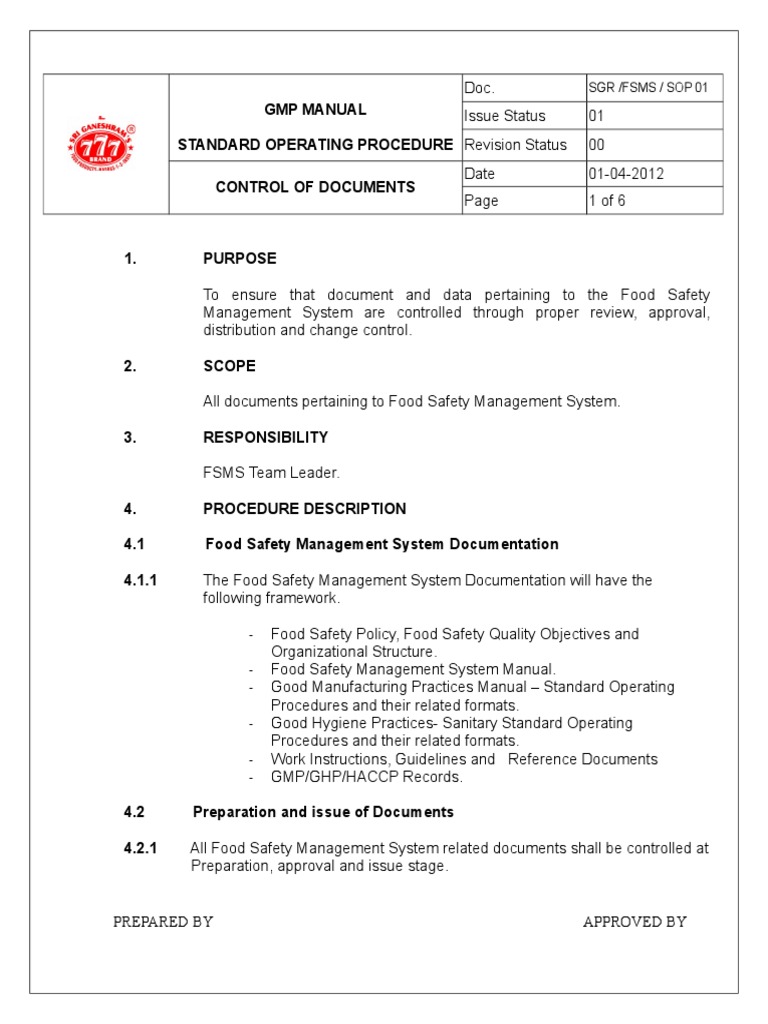 FSMS SOP-01 Control of Documents | PDF | Food Safety | Seal (Emblem)