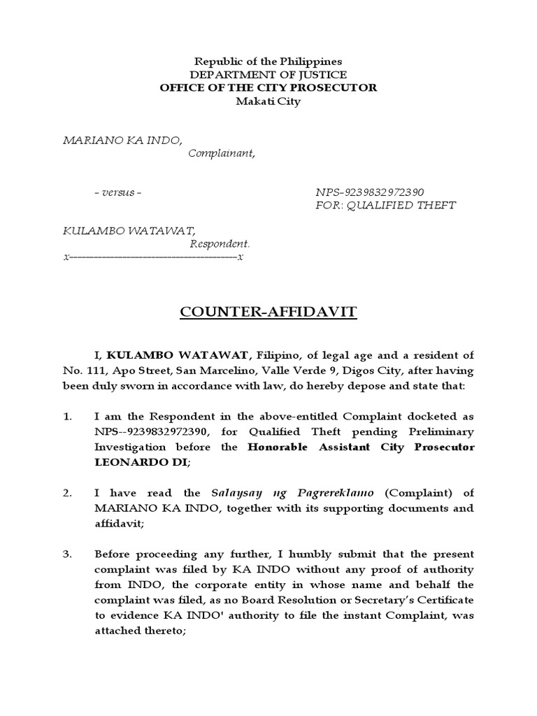 Counter Affidavit OCP | PDF | Theft | Crime & Violence