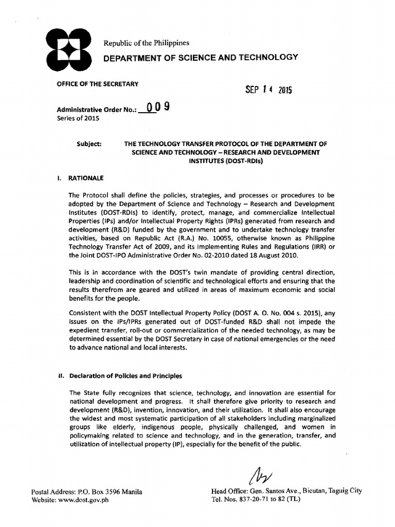 Technology Transfer Protocol of The DOST Research and Development ...