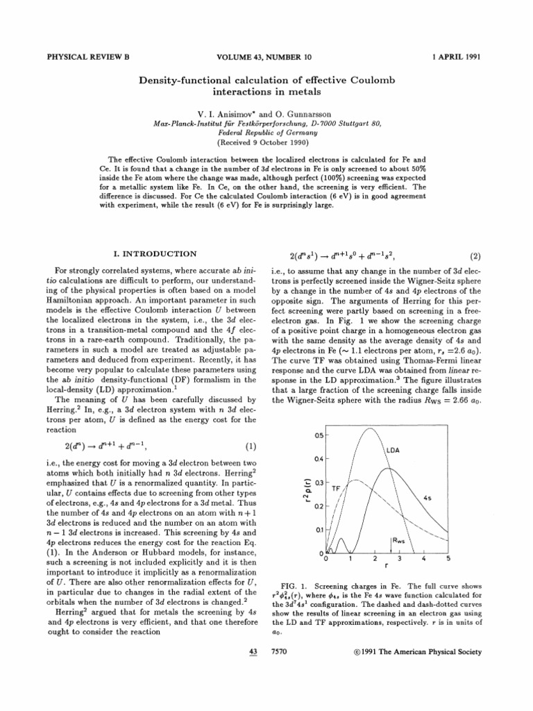 Density Functional Calculation Coulomb Interactions Metals 8 Effective