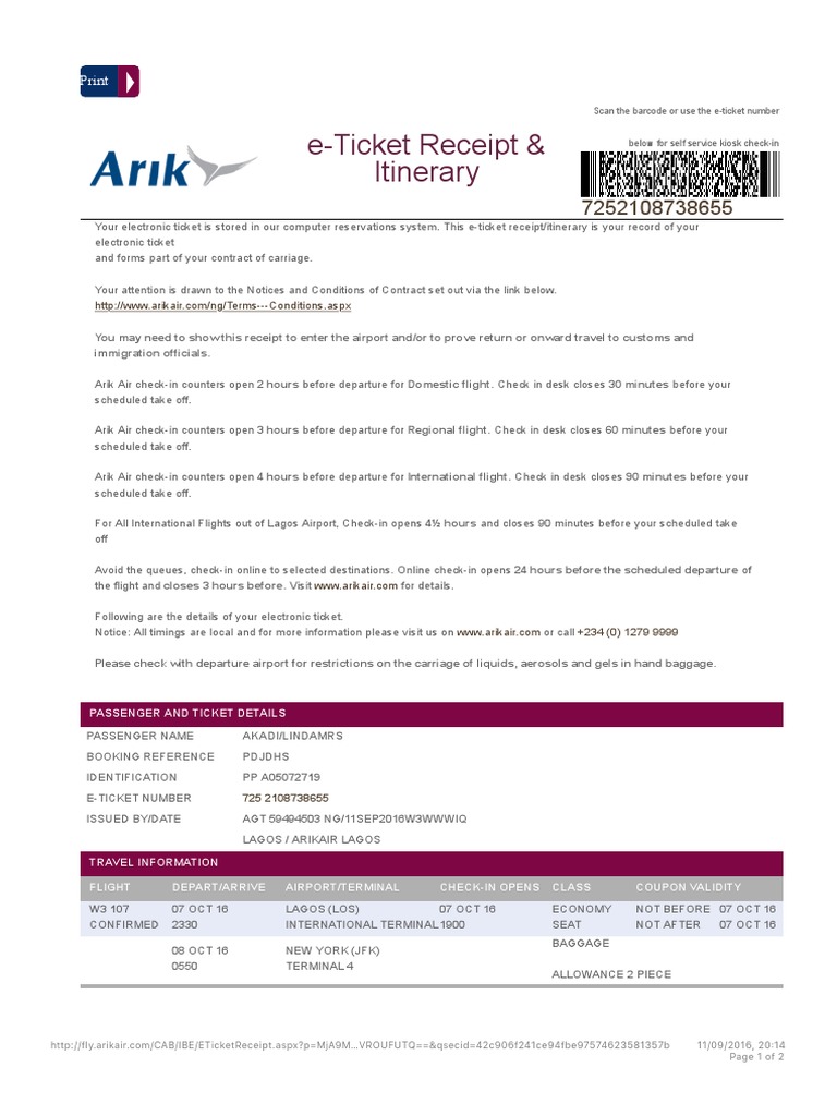 E-Ticket Receipt - Arik Airline | PDF | Aviation | Service Industries