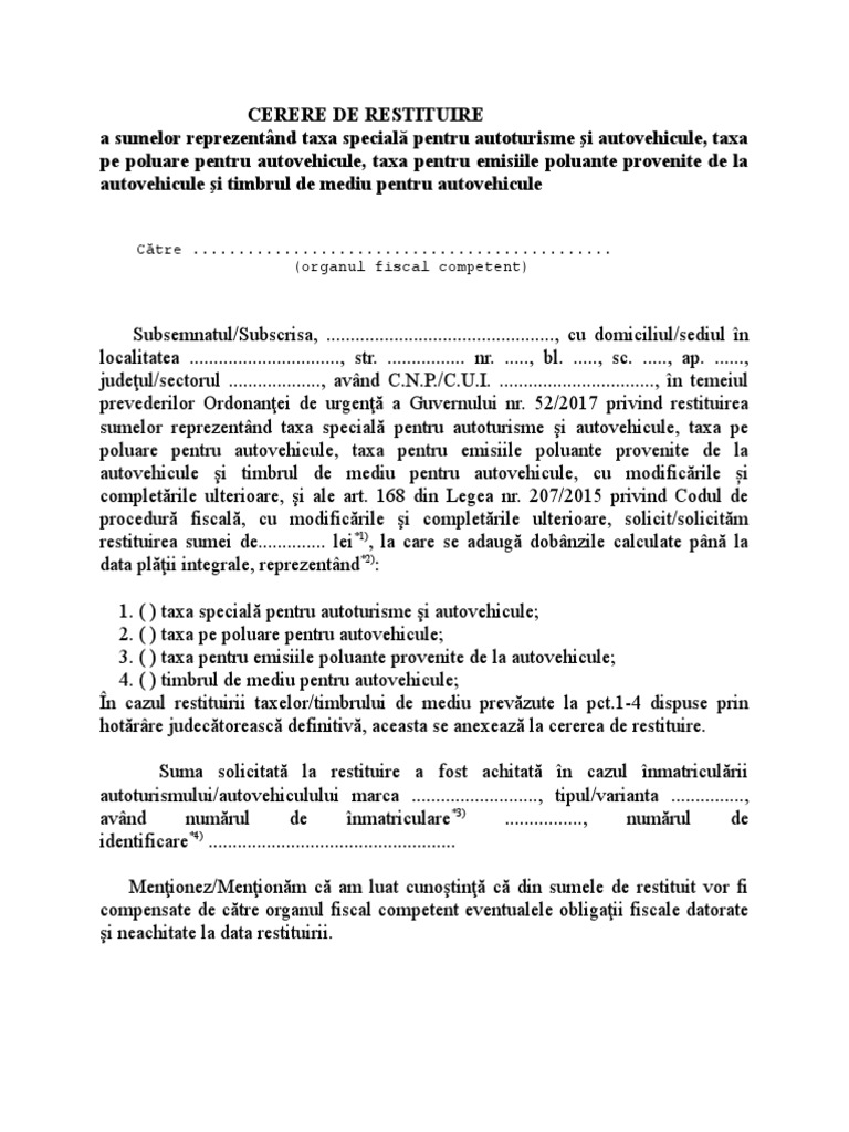 Model Cerere Restituire Foste Taxe Auto | PDF