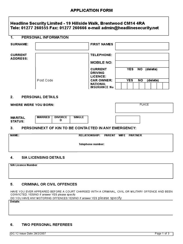 Application Form Headline Security Limited - 19 Hillside Walk ...