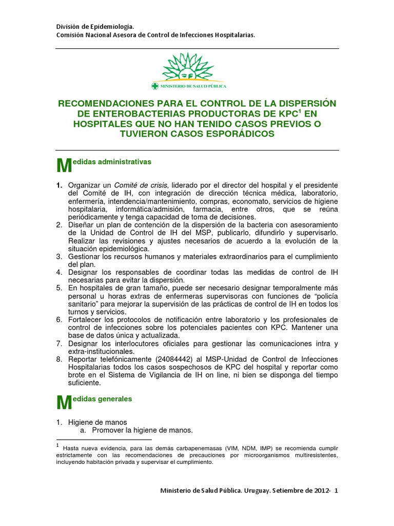 Recomendaciones para El Control KPC Version Final Cih | Descargar gratis PDF | Hospital | Lavado ...