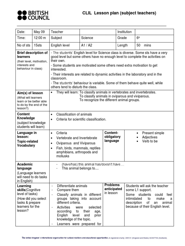 Clil Lesson Animals 6º | PDF | Teachers | Lesson Plan