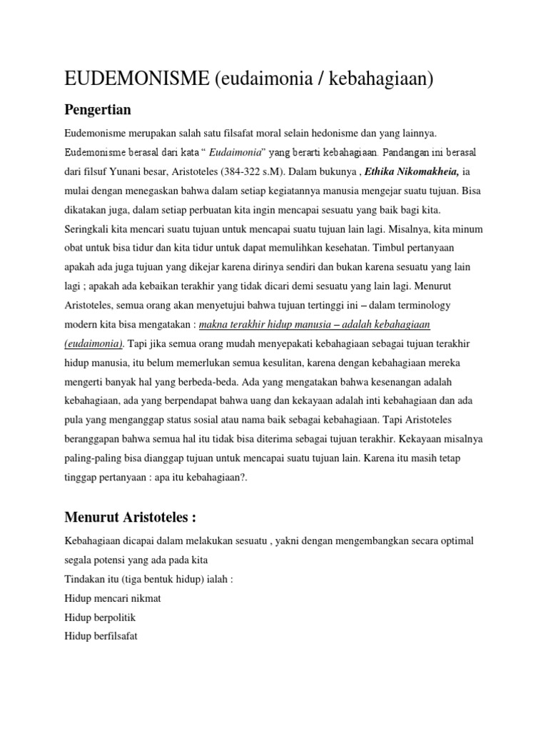 Eudemonisme: Kebahagiaan Menurut Aristoteles | PDF | Filsafat
