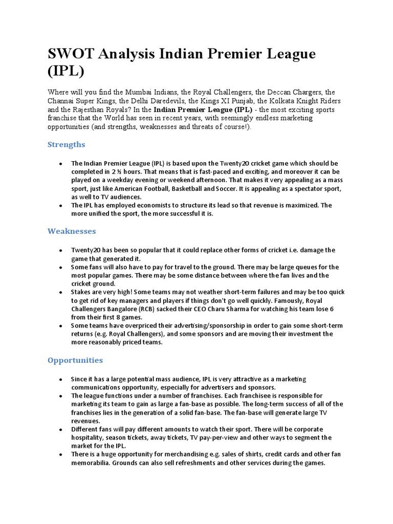 IPL SWOT Analysis: Strengths & Weaknesses | PDF | Cricket | Summer Sports