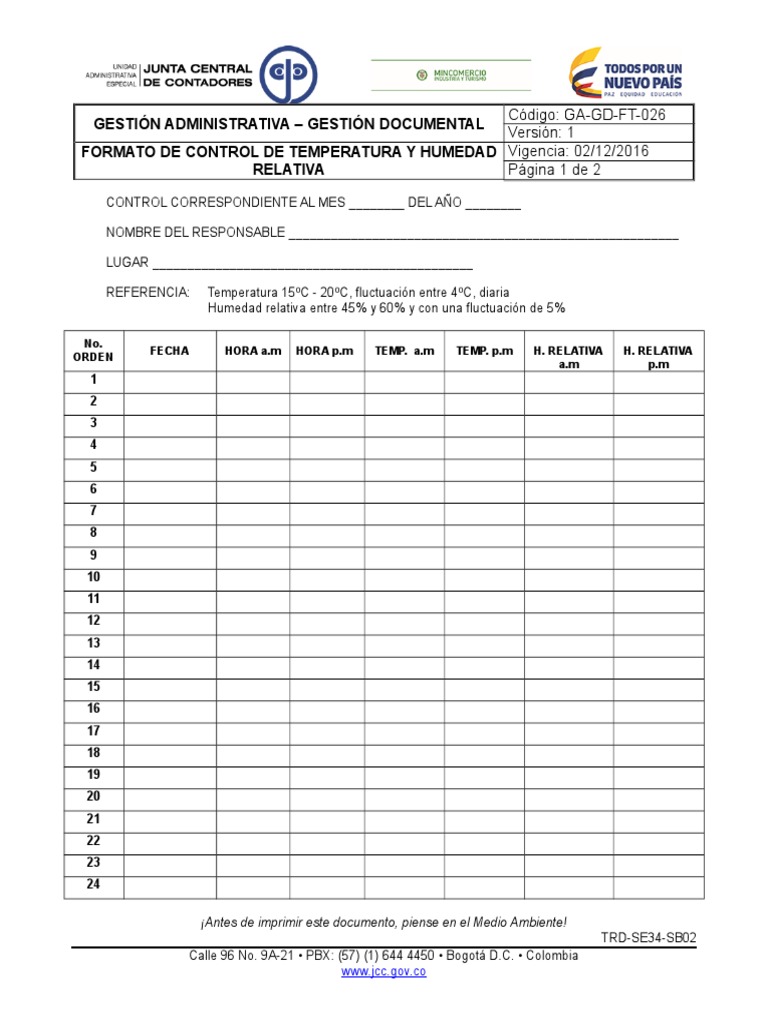 Formato de Control de Temperatura y Humedad Relativa v1 | Violencia
