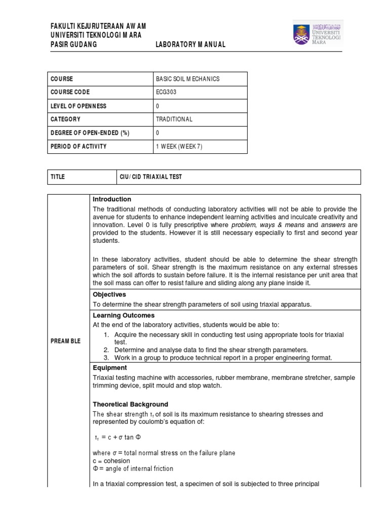 Lab 8 - Ciu, Cid Triaxial Test | PDF | Stress (Mechanics) | Deformation ...