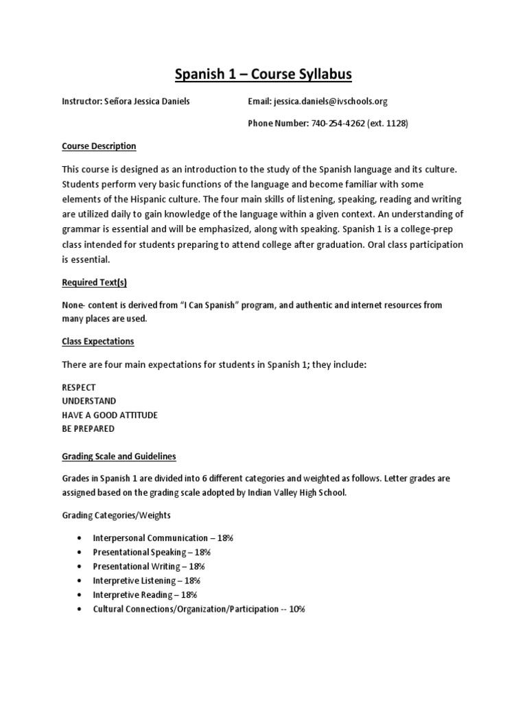 Syllabus For Spanish 1 | PDF