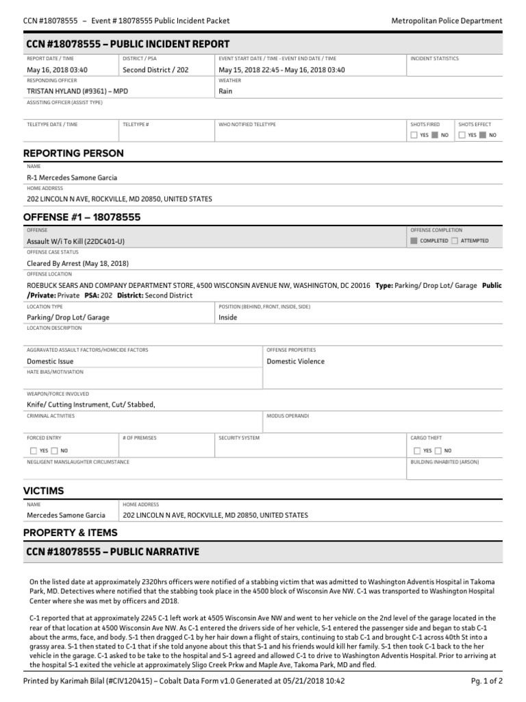 Police report from assault in D.C. | Assault | Violence