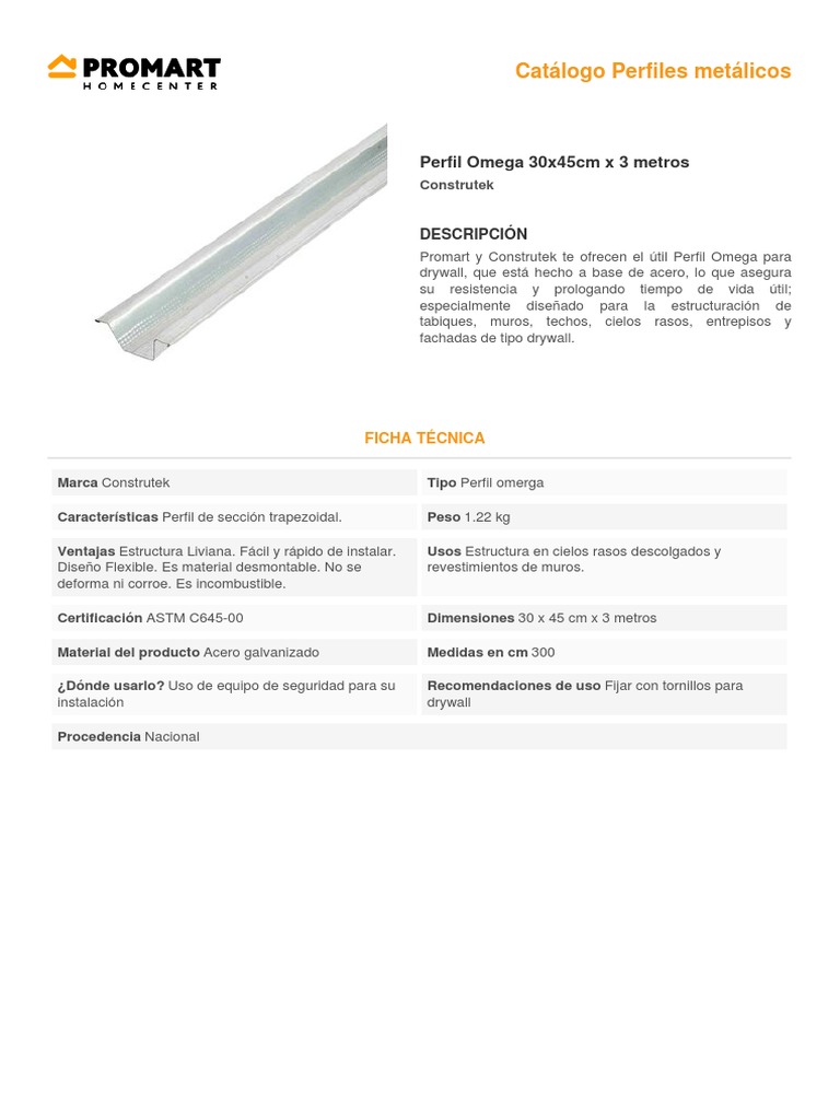 Medidas y Usos del Perfil Omega Drywall | PDF
