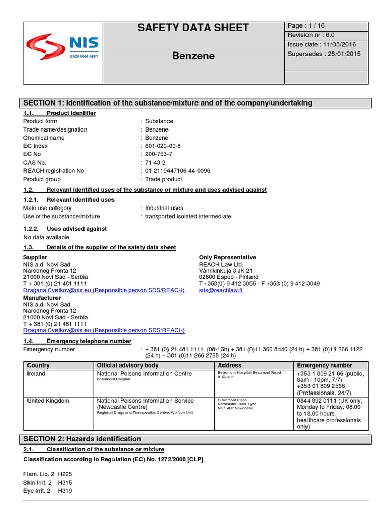 En Sds Benzene Sds-ghs-Annexii-clp 2016311 10 Nis-A.d.-novi-sad | PDF