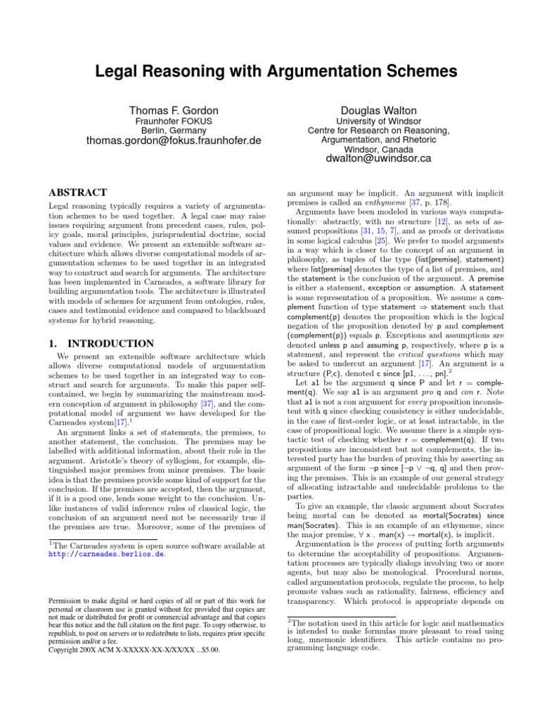 Legal Reasoning With Argumentation Schemes: Thomas F. Gordon Thomas ...