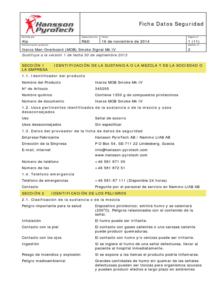 FDS - ES - Ikaros MOB Smoke MK IV Ver2 | PDF | Solubilidad | Toxicidad