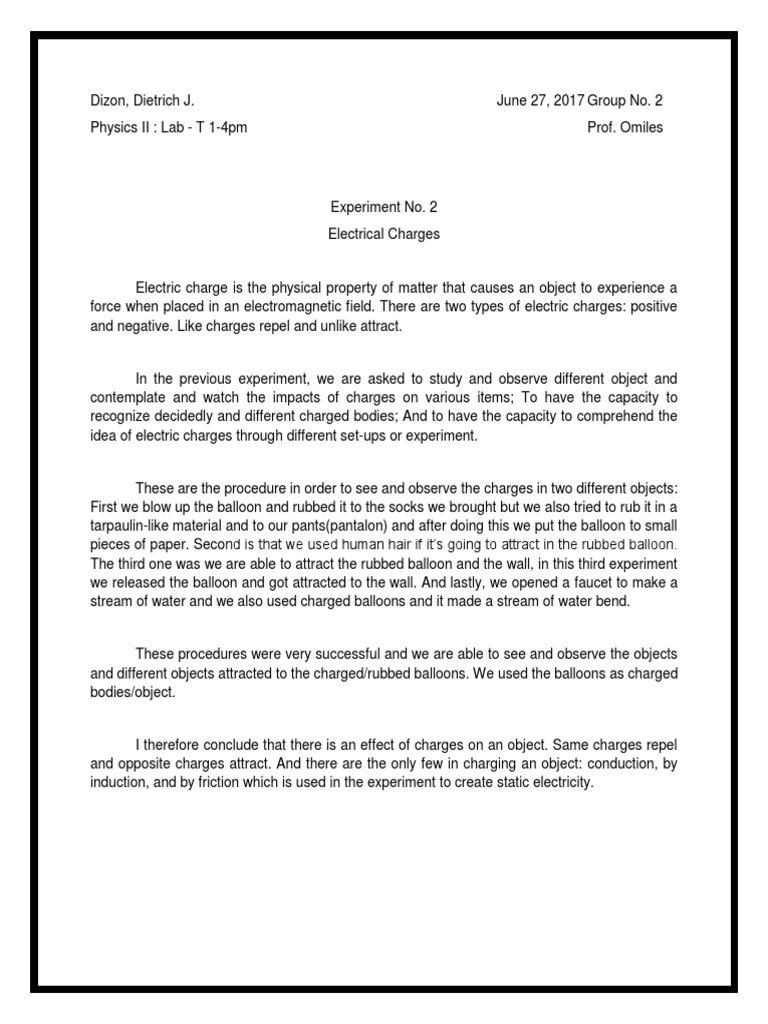 Physics Lab Experiment 1 and Two | PDF | Electric Charge | Voltage