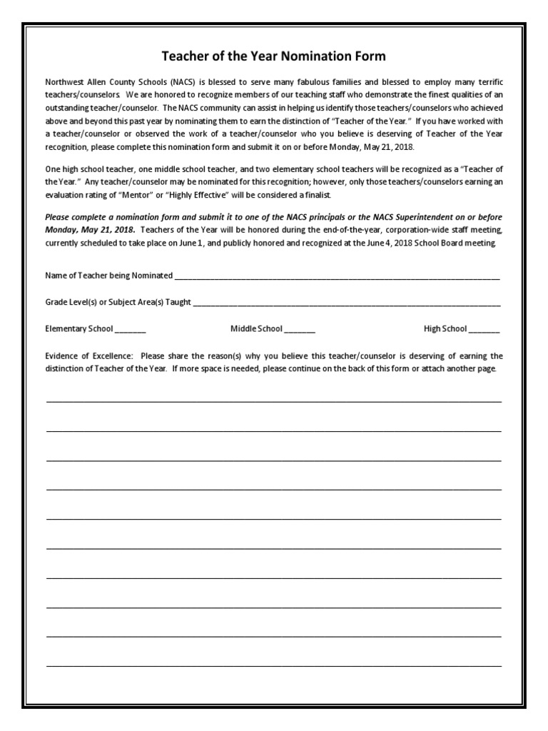 Teacher of The Year Nomination Form 20180419 | PDF | School Counselor ...