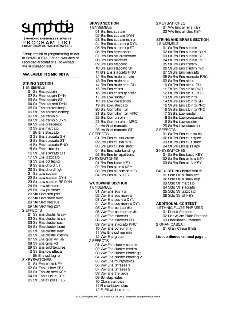 ProjectSAM Symphobia Program List | PDF | Musical Compositions | Musical Techniques