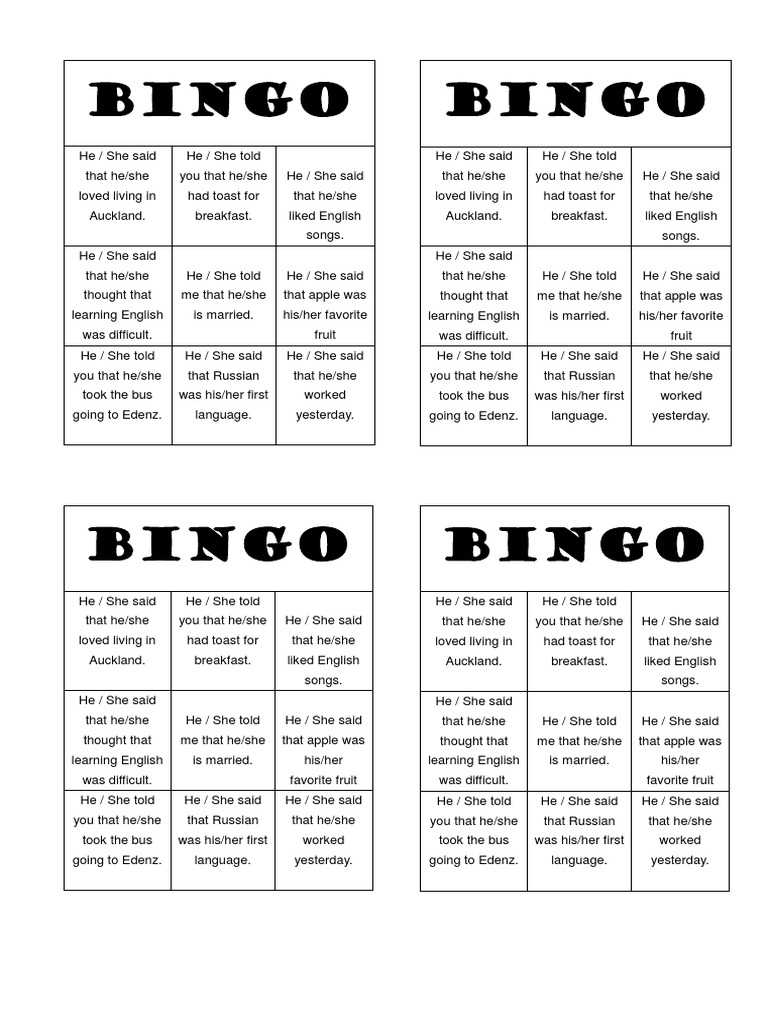 Reported Speech Bingo Fun Activities Games Games Grammar Drills 7181 ...