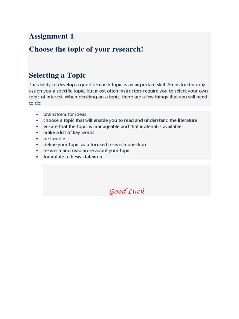 Assignment 1 Choose The Topic of Your Research!: Good Luck | PDF