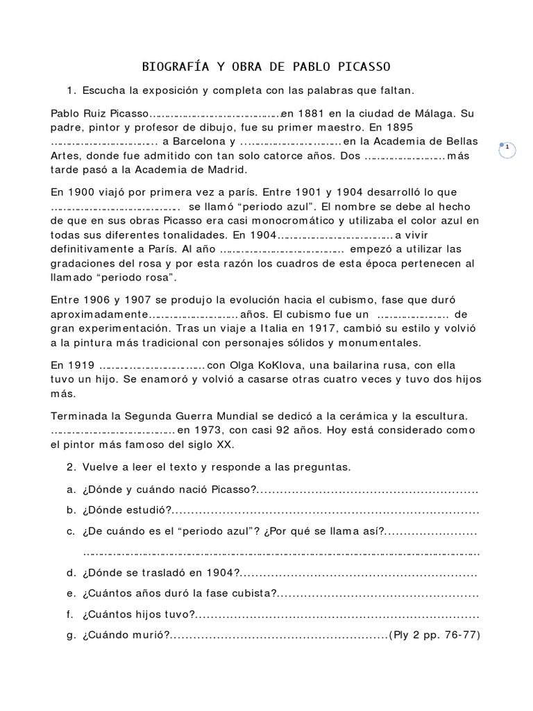 Biografía resumida de Pablo Picasso | PDF | Pablo Picasso | Cubismo