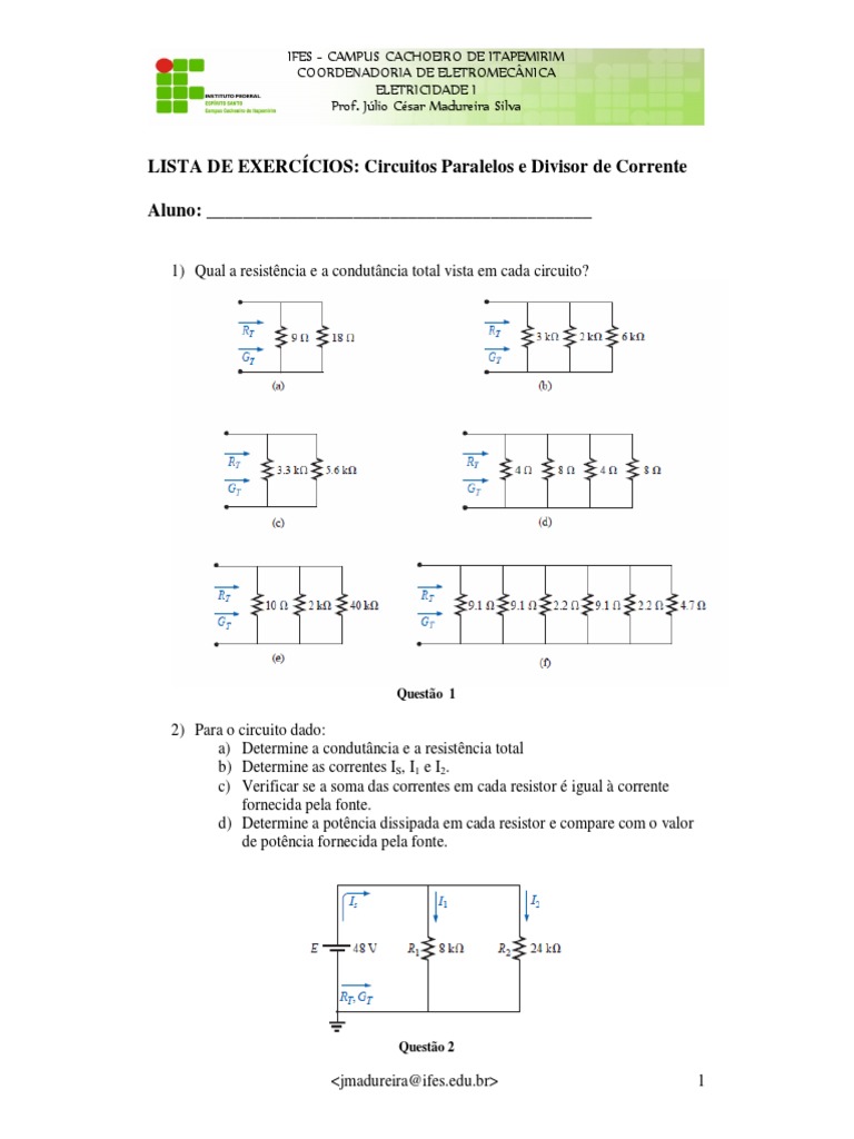 LISTA DE EXERCÍCIOS Circuito Paralelo, Divisor de Corrente PDF | PDF ...