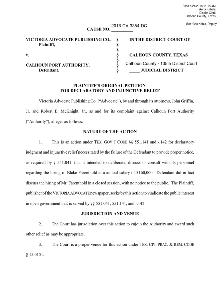 Calhoun Port Authority Complaint | PDF | Declaratory Judgment | Lawsuit