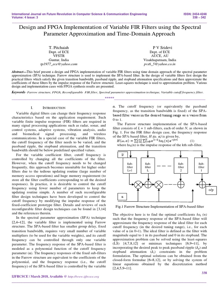 Design And Fpga Implementation Of Variable Fir Filters Using The Spectral Parameter