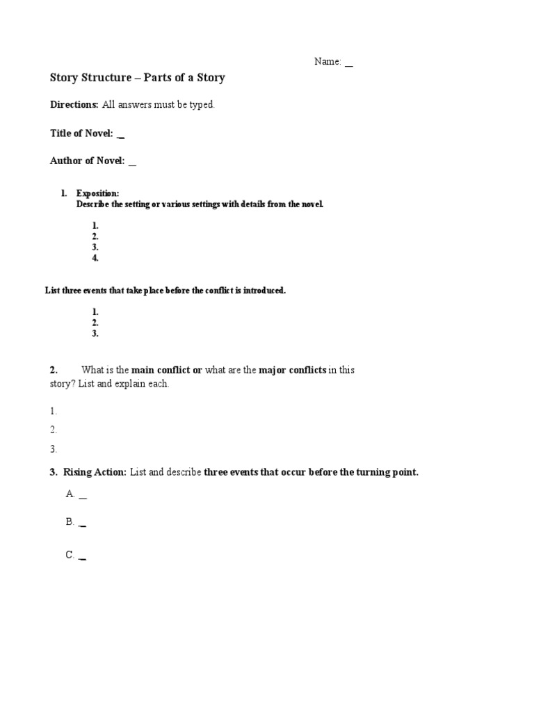 Story Structure - Parts of A Story: Directions: Title of Novel: Author ...