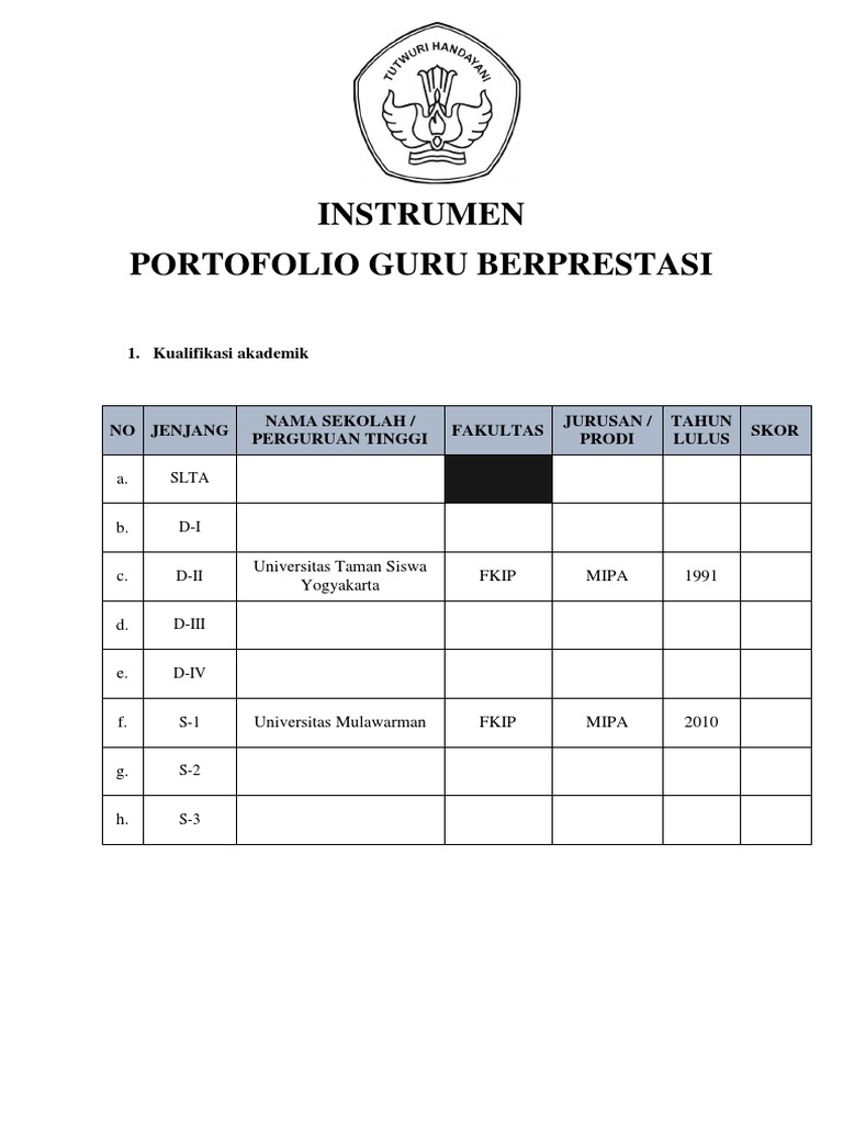 Instrumen Portofolio Guru Berprestasi: 1. Kualifikasi Akademik | PDF