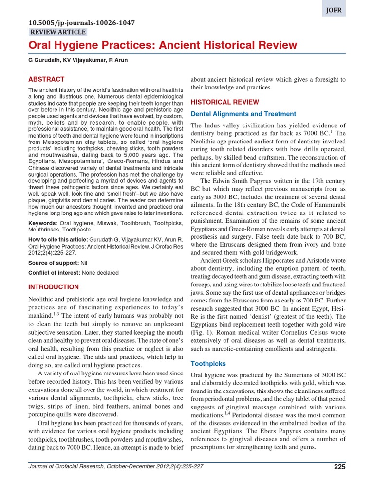 Ancient Dental Hygiene Practices | PDF | Toothbrush | Dentistry