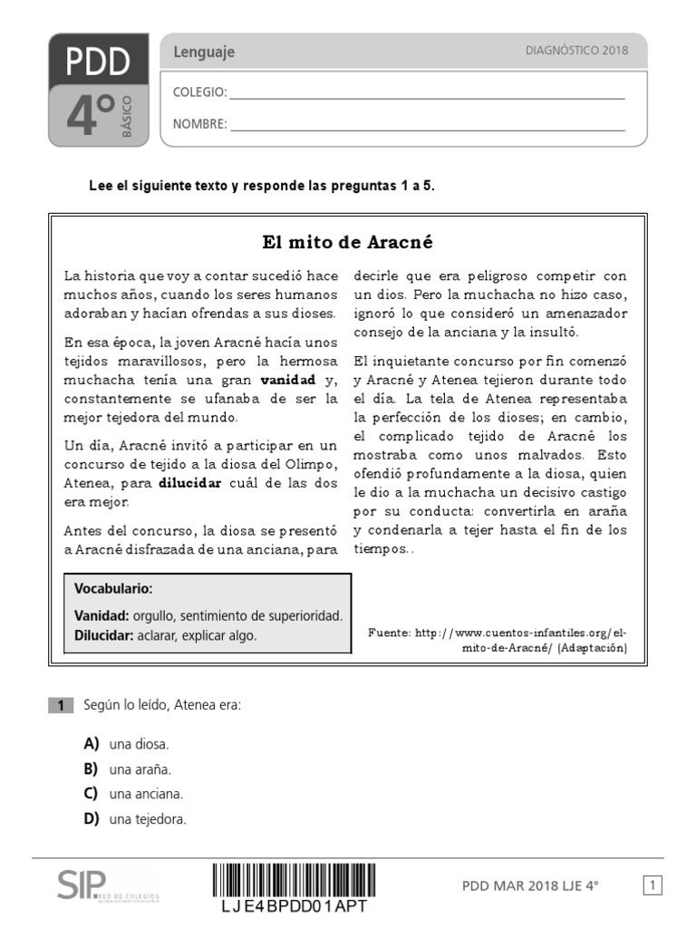 Prueba Diagnóstico Lenguaje 4tobásico APTUS | PDF | Gatos | Atenea