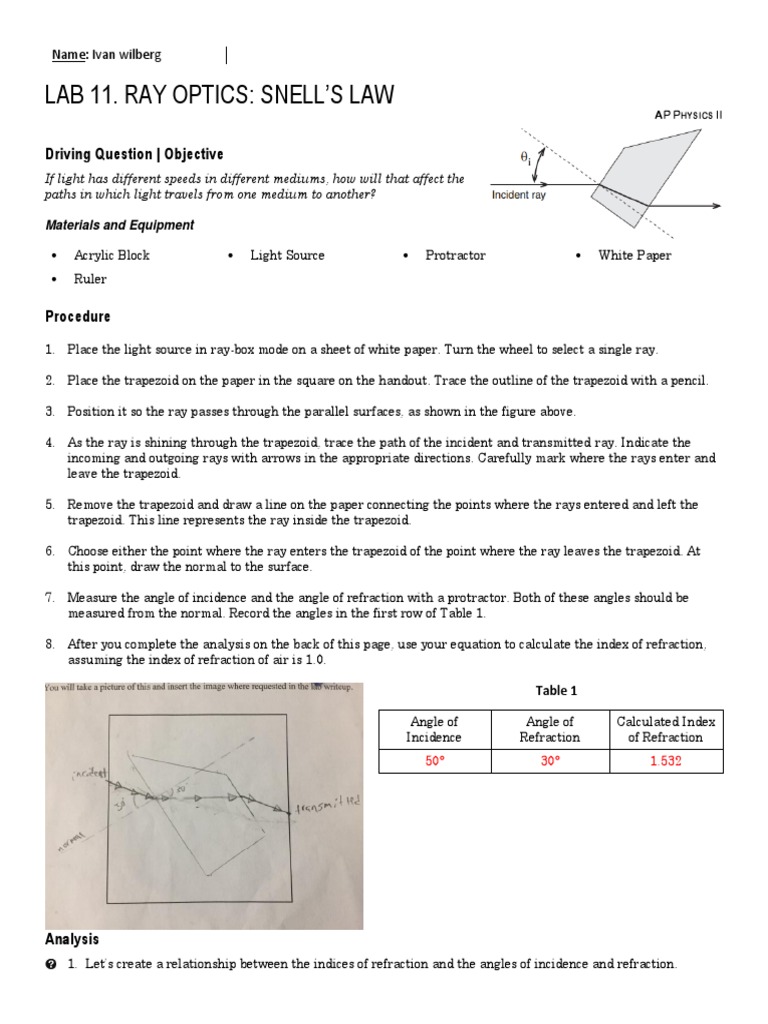 Lab 11 - Snells Law | PDF | Refraction | Refractive Index