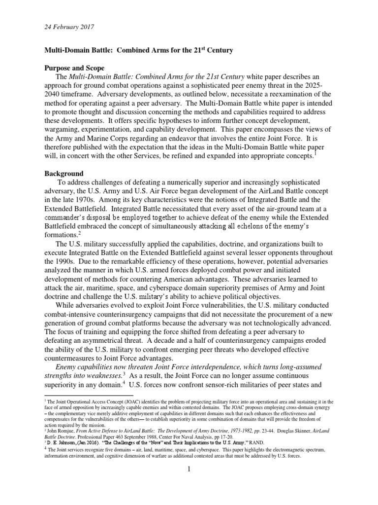 (White Paper) Multi-Domain Battle: Combined Arms For 21st Century | PDF | Combined Arms | Military